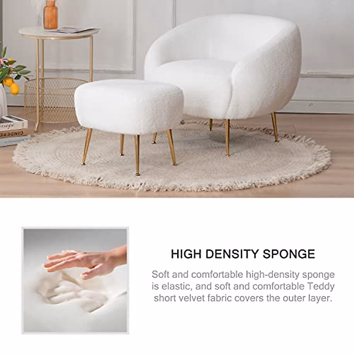 Kiztir Sherpa Accent Chair, White Accent Chair with Ottoman/Gold Legs, Modern Accent Chair for Living Room, Bedroom or Reception Room