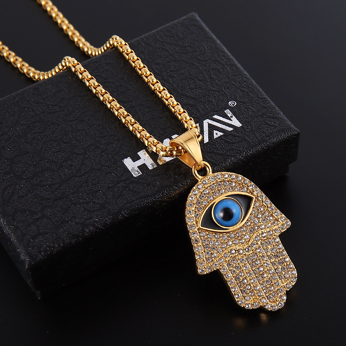 HZMAN 18k Gold Plated Iced Out CZ Stainless Steel Blue Evil Eye Beads Fatima Hamsa Hand Pendant Necklace (Gold)