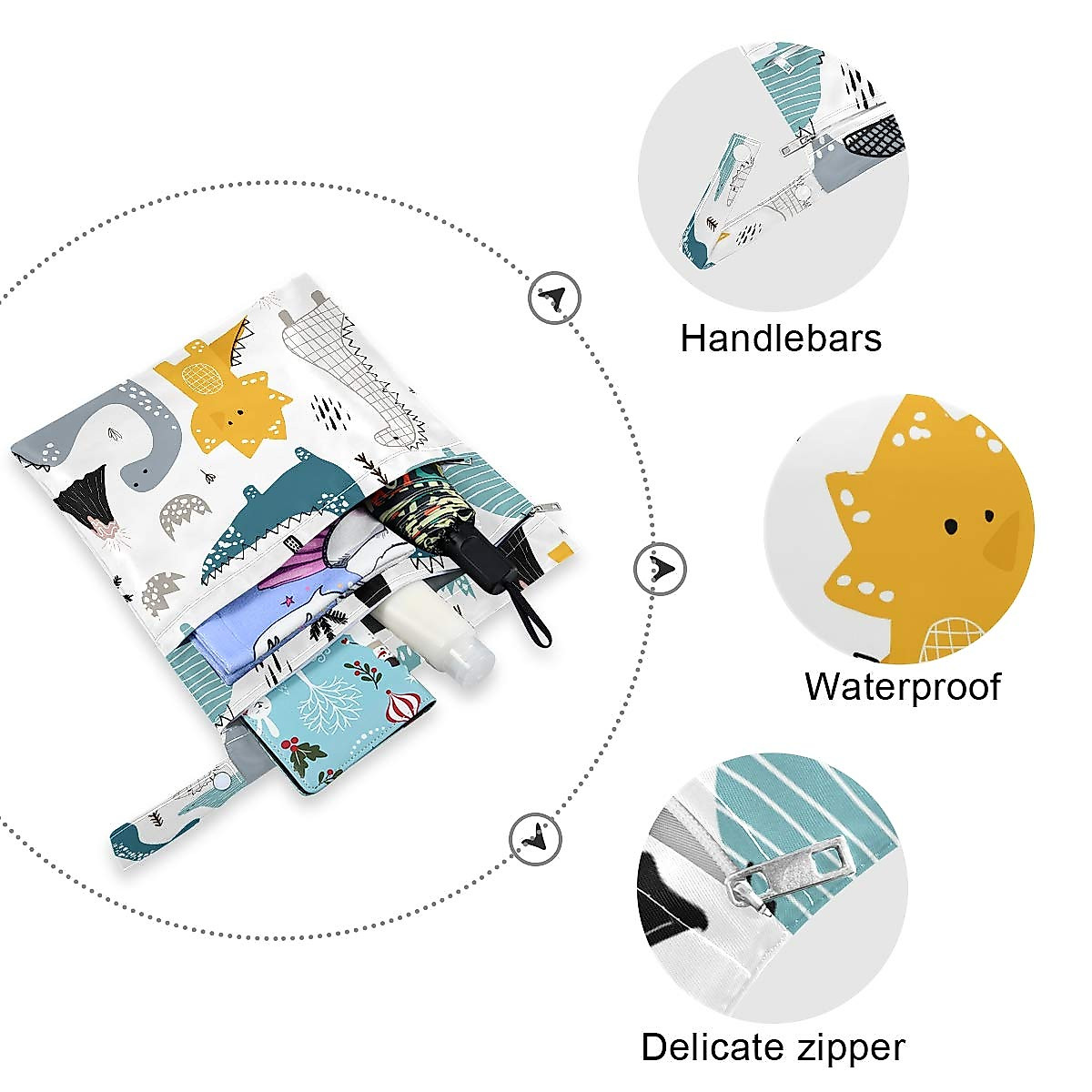 Waterproof Wet Dry Bag 2 Pack Cute Animal Cartoon Dinosaur Cloth Diaper Bag Organizer Pouch Set with Zipper Pocket Washable Wet Bag for Travel Hiking Swimsuit