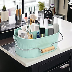 Alpha Living Home Farmhouse Utensil Caddy Carry-All Serveware-Galvanized Metal Organizer for Kitchen Counter-Comfort Wooden Handle In/Outdoor Storage For Flatware,Condiments,Party Cutlery,Arts-TEAL