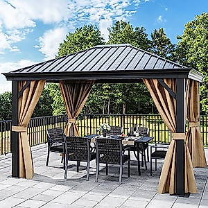 DWVO 10x12ft Hardtop Gazebo with Nettings and Curtains, Heavy Duty Galvanized Steel Outdoor Vertical Stripes Roof for Patio, Backyard, Deck, Lawns, Brown