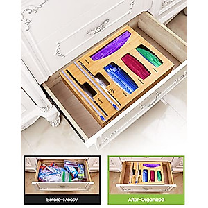 Bag Organizer Compatible with Ziplock, Jeethemy Foil and Plastic Wrap Organizer, 6 in 1 Bamboo Dispenser with Cutter for Kitchen Drawer and Wall Mounted, Storage for Gallon,Quart,Sandwich,Snack