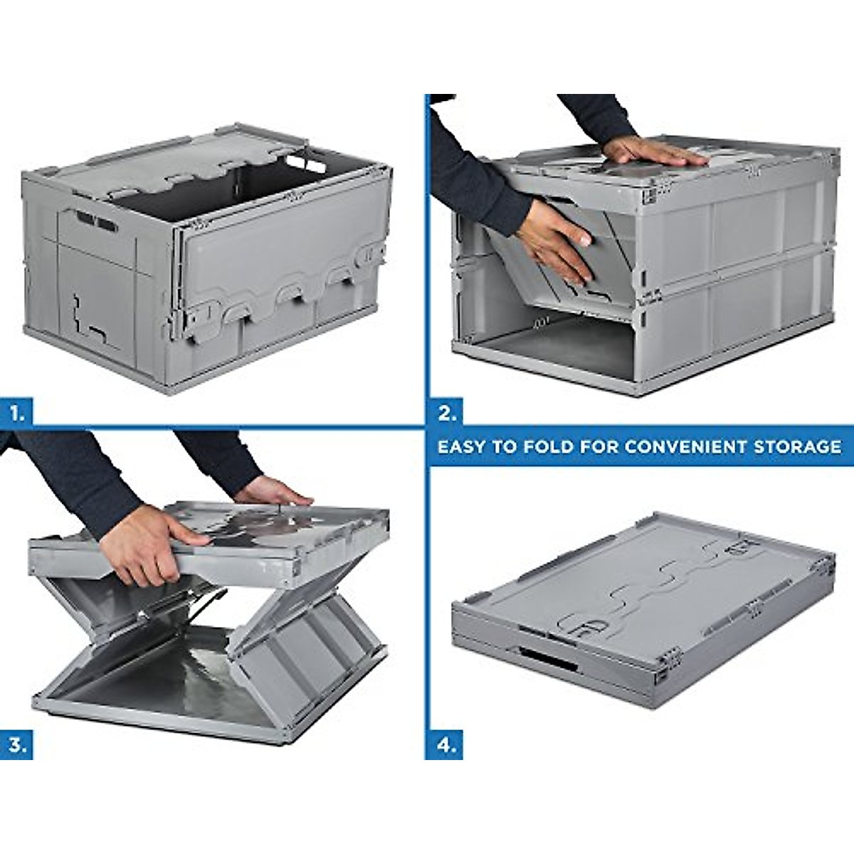 Mount-It! Folding Plastic Storage Crate, PACK OF 3, Collapsible Utility Distribution Container with Attached Lid, 65L Liter Capacity, Gray,
