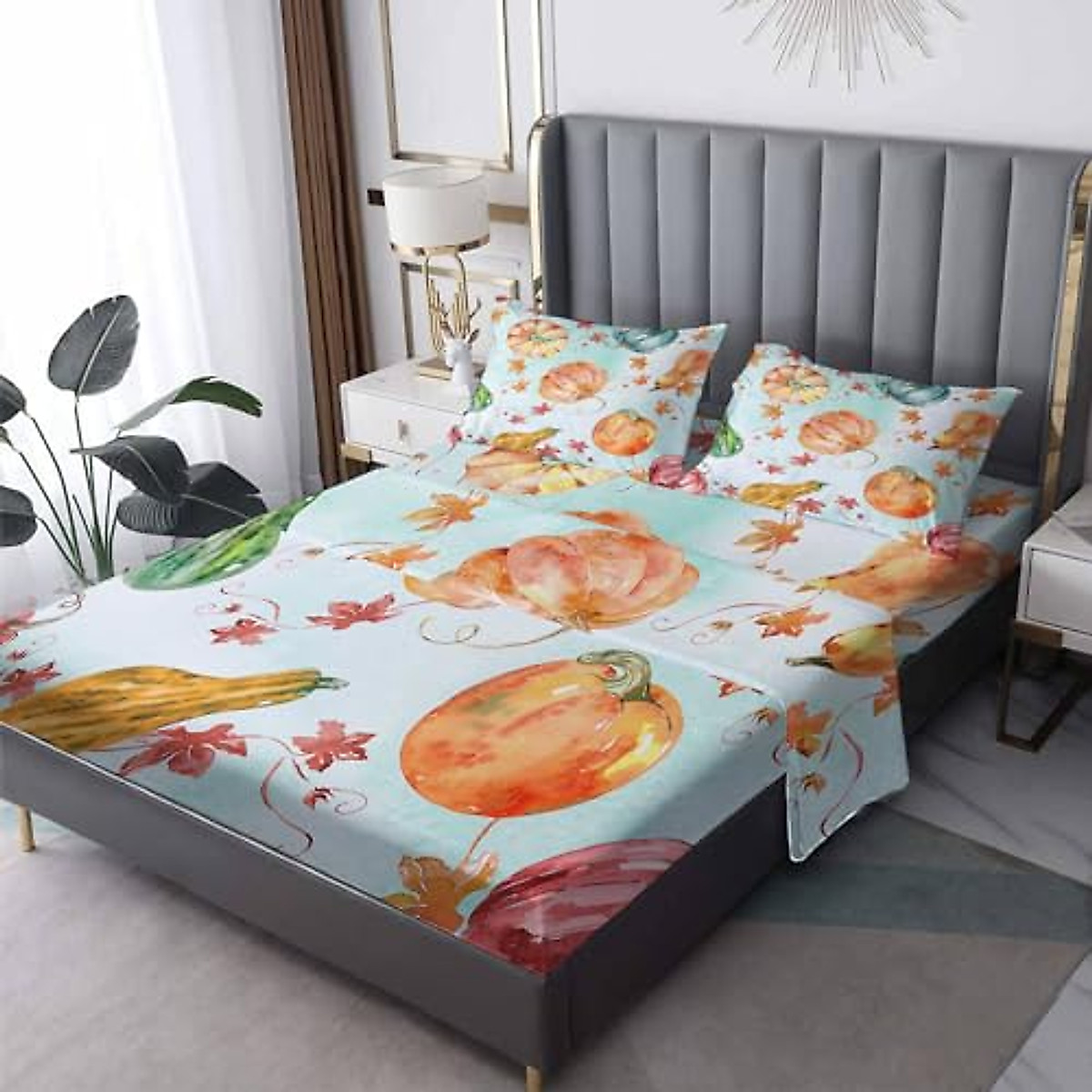 Thanksgiving Sheets Full Size Sheet Sets - Autumn Leaves Pumpkin Bed Sheets, Soft Microfiber & Deep Pocket & Wrinkle Free Bedding Sheets & Pillowcases, 1 Fitted Sheet, 1 Flat Sheet, 2 Pillow Cases