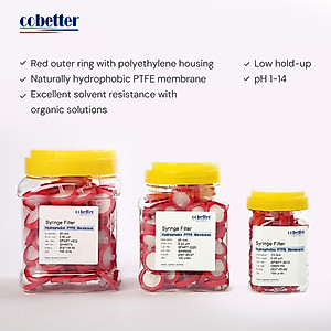 COBETTER 100 Pack PTFE Syringe Filter Lab Filters Hydrophobic Filtration 0.22μm Pore Size 13mm Diameter Non-sterile Red