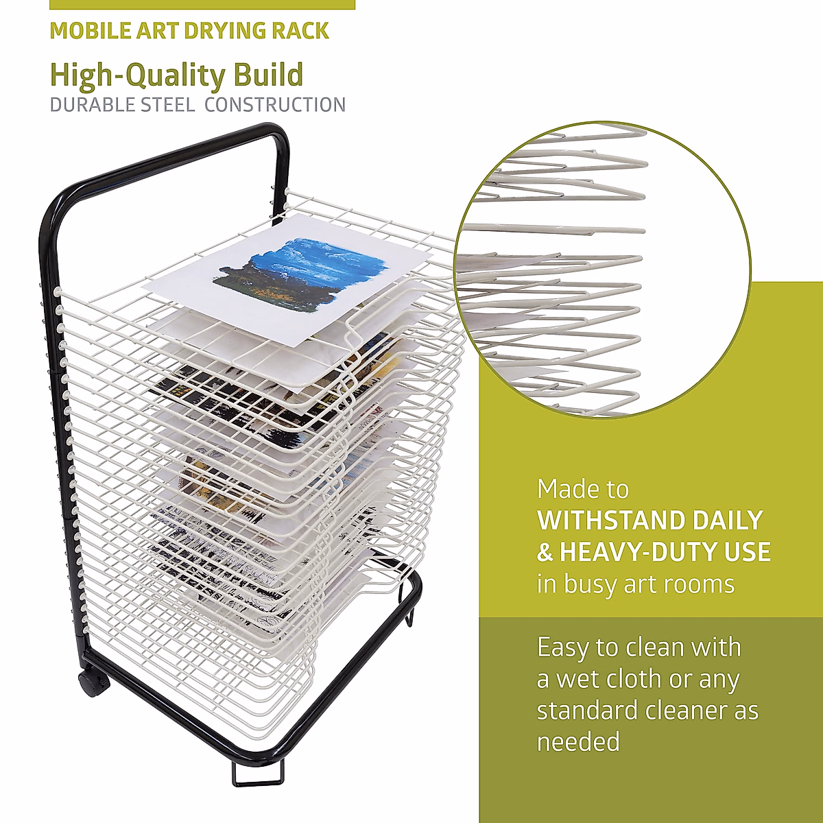Pearington Mobile Wide Art Drying Rack for Classrooms, Art Studio, 25 Shelves, White