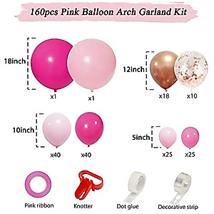 RUBFAC Pink Balloon Arch Garland Kit, Hot Pink Rose Gold Chrome Balloons for Birthday Shower Princess Theme Party Background Decorations