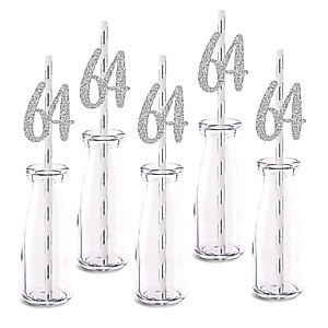 Silver Happy 64th Birthday Straw Decor, Silver Glitter 24pcs Cut-Out Number 64 Party Drinking Decorative Straws, Supplies