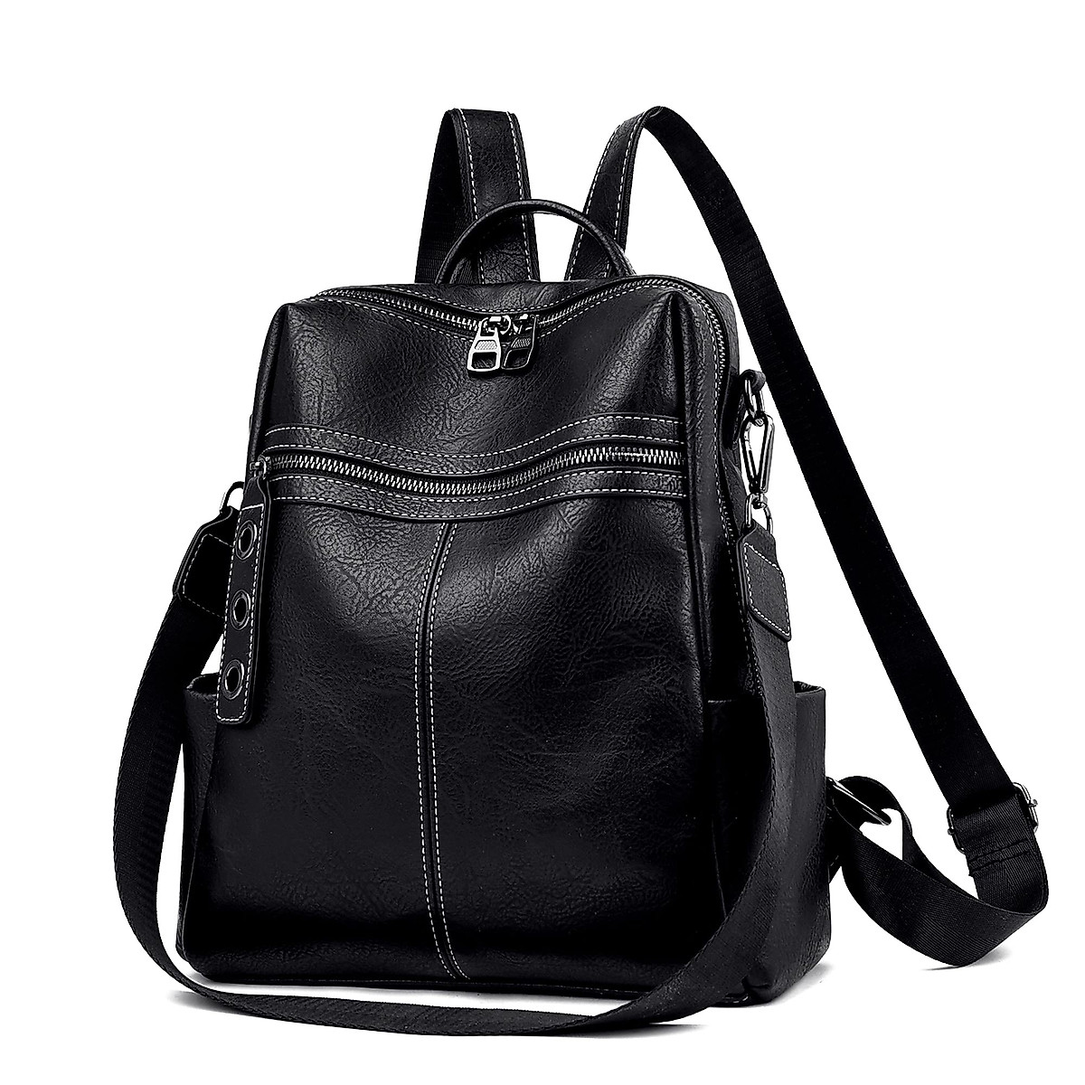 Maxoner Small Leather Womens Backpack Purse for Women Black Fashion Convertible, Shoulder Handbag Travel Bag Satchel Rucksack Ladies Sling Bag (Faux Leather Black 2)