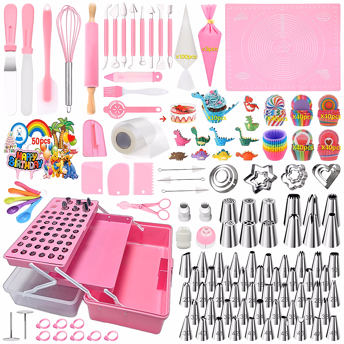 Cake Decorating Kit,488PCS-Piping Bags and Tips Set,Cake Decorating Supplies,Frosting Piping Kit,with 60 Piping Tips Cake Decorating Tools with Multi-Purpose 3-Layer Toolbox with Tray(Pink)