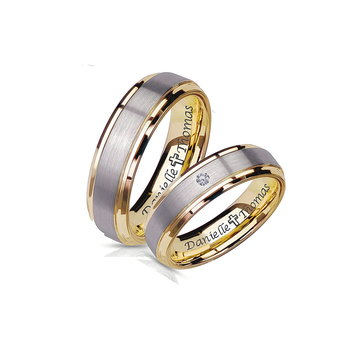 Personalized Two Tone Brushed Silver & Gold Ring Set Custom Engraved Free - Couple's Ring Set - Wedding Band Set - Ships From USA
