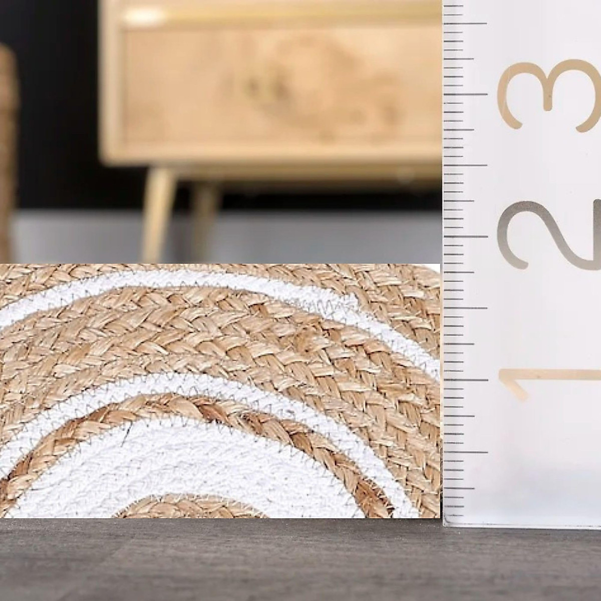 100% Jute Area Rug Approx 3 Feet - Braided Design Hand Woven Natural White Rings Carpet - Home Decor for Living Room Hallways - Round Natural Fibers 36" inch