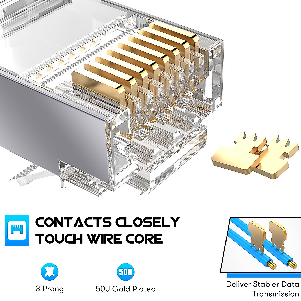 JODROAD Shielded RJ45 Cat6A Cat7 Pass Through connectors - 3 Prong 8P8C 50U Gold Plated 2-Piece Pass-Thru Modular Data Plug for FTP/STP Cable & solid wire (30 Pack)