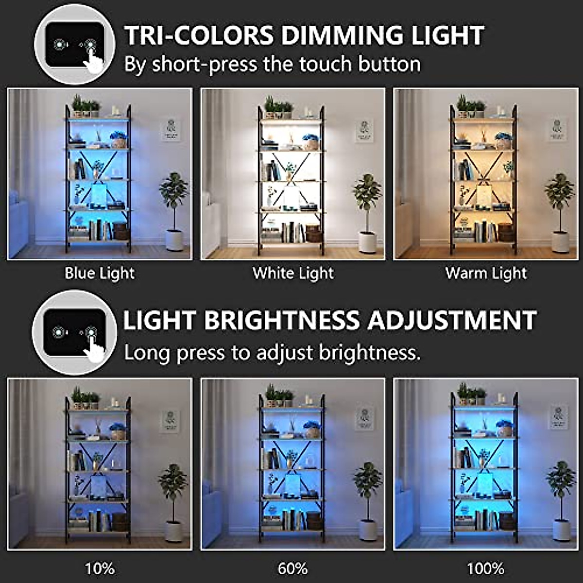 HNEBC 5 Tier LED Bookshelf,Modern Bookcase Open Storage Shelving with Smart Sensing 3 Colors LED Strip,Industrial Style Tall Bookshelf Floating Shelves/Bookcases for Room Living Room Office(Wood)