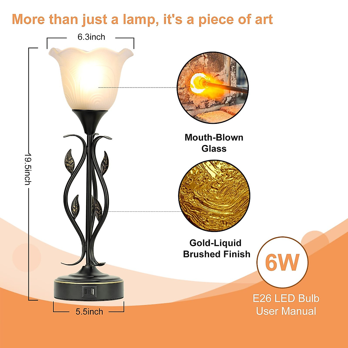 Bedside Lamps, Table Lamp with USB Port 3 Way Dimmable Touch lamp Torchiere Nightstand Lamps with Rustic Vines Leaf and Glass Flower Shade lamp for Bedroom, Living Room, Office