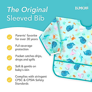 Bumkins Bibs, Baby and Toddler Girls and Boys 6-24 Months, Long Sleeve, Essential Must Have for Eating, Feeding, Mess Saving Lightweight Waterproof Fabric Sleeved Smock, Ocean Life