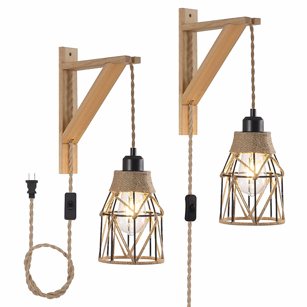 MUEOF Industrial Plug in Wall Sconce Set of 2, with 8.2ft Hemp Rope Cord, On/Off Switch,Farmhouse Wall Light with Metal Shade and Wood Bracket for Bedroom Living Room.