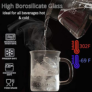 Caffeine Beaker Mug 17 oz (500ml) with Metal Spoon - Chemistry Mug - Borosilicate Glass Coffee Mugs with Handle and Measuring for Coffee/Latte/Tea - Caffeine Molecule Cup - Science Coffee Mug
