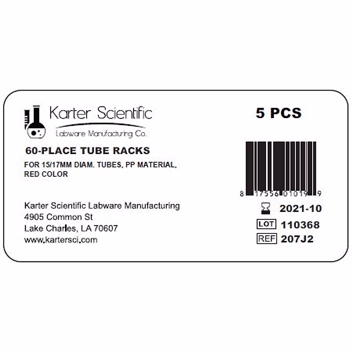 Karter Scientific 207J2 Plastic Test Tube Rack, Holds 60, for 15/17mm Diam. Tubes, PP mat, Red