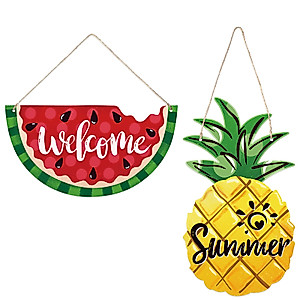 Jetec 2 Pieces Summer Watermelon Hanging Sign Shape Welcome Wooden Door Sign Hanging Plaque Rustic Wall Sign Yard Indoor Outdoor Garden Decoration with Rope, 13.4 x 6.9 Inch