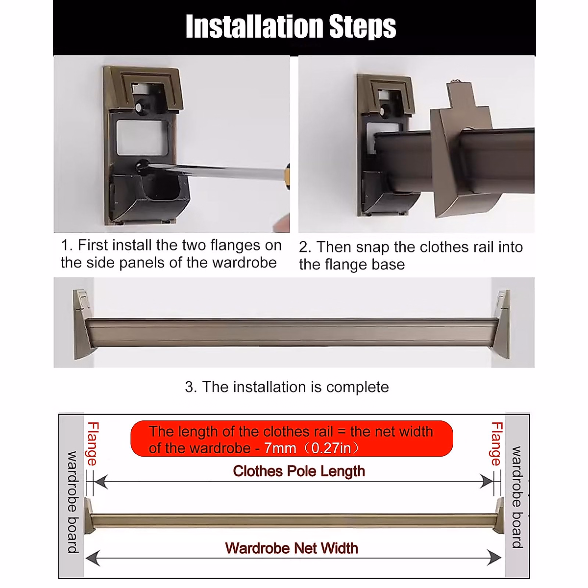 RV/Wardrobe/Laundry Room Closet Rod Wall Mounted, Heavy Duty Cuttable Metal Hanging Clothes Pole With Bracket Kits, 160 150 140 130 120 110 100 90 80cm Long (Color : Black, Size : 80cm/31.5in)