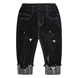 CHUMHEY Little Kid Jeans, Baby Boys Girls Elastic Waist Ripped Denim Pants,Black,3T