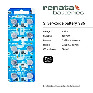 Renata 386 SR43W Batteries - 1.55V Silver Oxide 386 Watch Battery (2 Count)