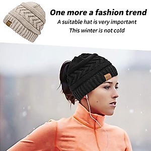 Pukavt 1 Pack Winter Hat Ponytail Beanie Hat for Women, Soft Stretch Cable Knit Messy Bun Beeanie,Trendy and Warm Beige