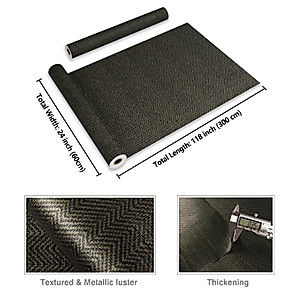 CRE8TIVE 24"x118" Black Gold Grasscloth Textured Wallpaper - Stick and Peel Fabric Linen Herringbone Removable Wallpaper - Self Adhesive Metallic Black Contact Paper for Bedroom Cabinets Walls