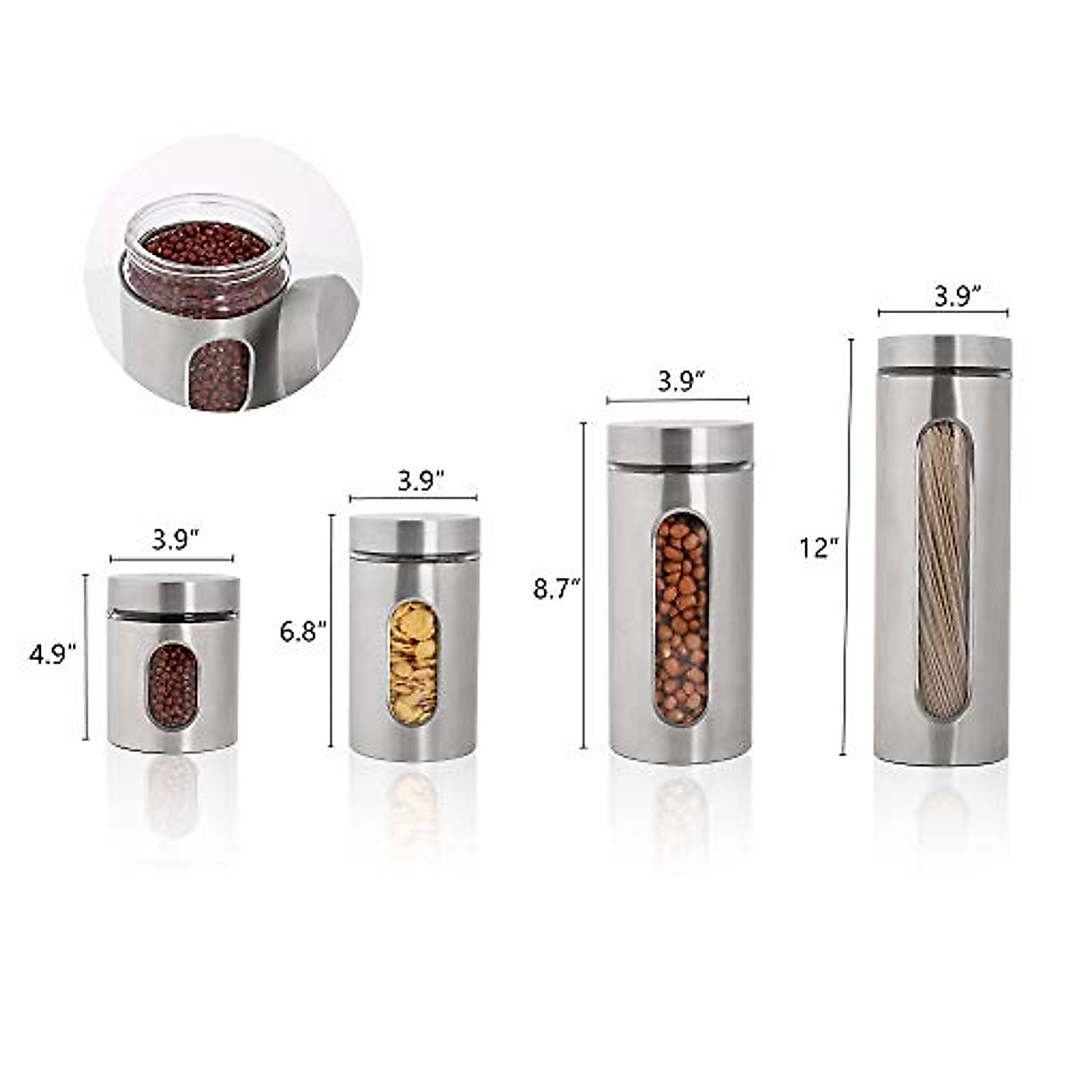 PENGKE Canisters Set,4 Piece Silver Stainless Steel Canister Set with Glass Windows,Perfect for Kitchen Canning Cereal,Pasta,Sugar,Beans,Spice