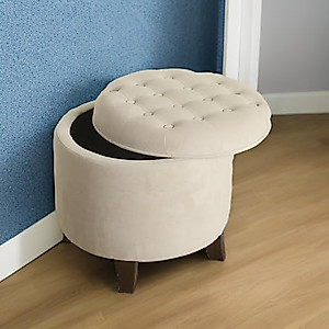 Homepop Home Decor | Upholstered Round Velvet Tufted Foot Rest Ottoman | Ottoman with Storage for Living Room & Bedroom | Decorative Home Furniture, Cream Small