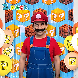 Bupelo Super Bros Birthday Party Supplies, 2 Pack Question & Brick Tinsel Foil Fringe Curtains, Super Game Themed Photo Booth Prop Party Backdrop, Super Bros Party Decorations Room Decor for Kids