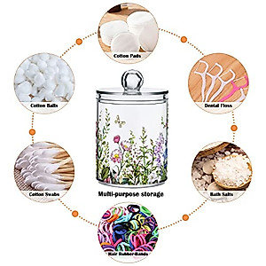 xigua 2 Pack Flowers Pattern Apothecary Jars with Lid, Qtip Holder Storage Jars for Cotton Ball, Cotton Swab, Cotton Round Pads, Clear Plastic Canisters for Bathroom Vanity Organization (10 Oz)