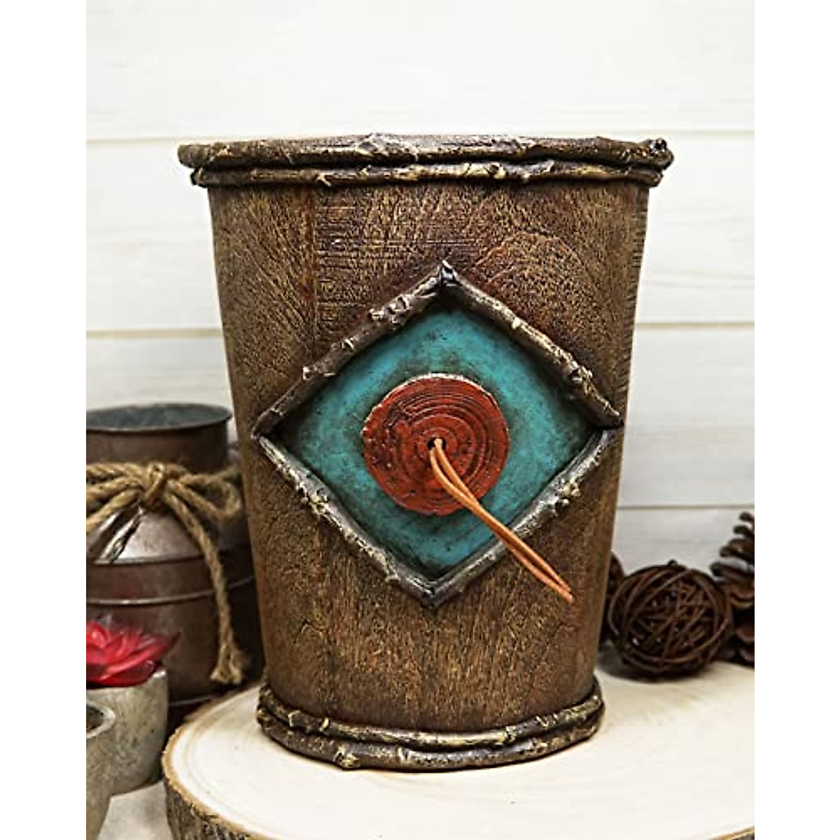 Ebros Gift Rustic Southwestern Old World Country Turquoise Bullseye with Branchwood Borders Faux Wood Bathroom Accessory Resin Sculpture (Dry Waste Basket Trash Bin)