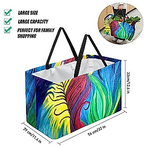 KQNZT Reusable Grocery Bags, Large Foldable Reusable Shopping Tote Bags Bulk for Groceries, Waterproof Kitchen Cloth Produce Bags with Long Handles, Oil Painting Artistic Peacock Feather
