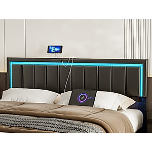 IKIFLY King Size LED Headboard with 2 USB Ports, Adjustable Height - Modern Faux Leather Headboard with Changing LED Lights - Easy Assembly, Upholstered King Headboard Only for Bedroom - Black