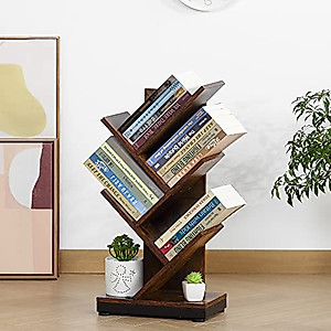 ruboka 4-Shelf Tree Bookshelf, 24.1-Inch Retro Floor Standing Bookcase Display for CDs/Magazine/Books, Small Bookshelf for Bedroom, Living Room, Office,Balcony, Brown Storage Shelves DESK51A