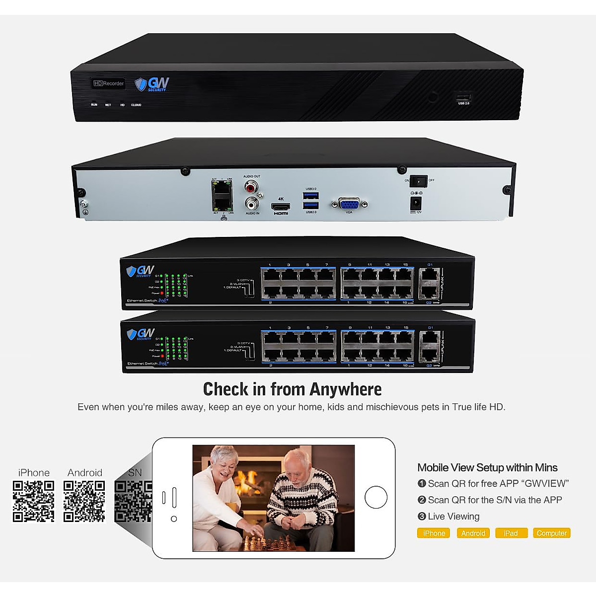 GW 32 Channel 4K NVR 8MP (3840x2160) H.265+ Color Night Vision Smart AI Security Camera System - 32 x UltraHD 4K Human Detection PoE IP Microphone Outdoor/Indoor Bullet Camera, 15 AI Functions