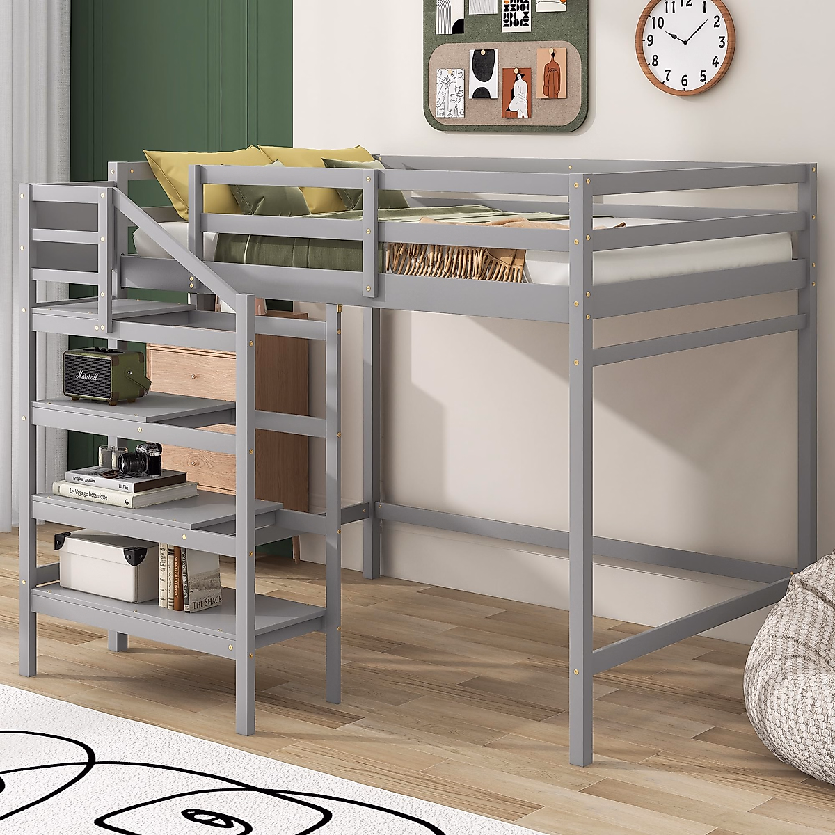 SOFTSEA Full Size Loft Bed with Hanger Wood Loft Bed with Stairs for Kids Adults