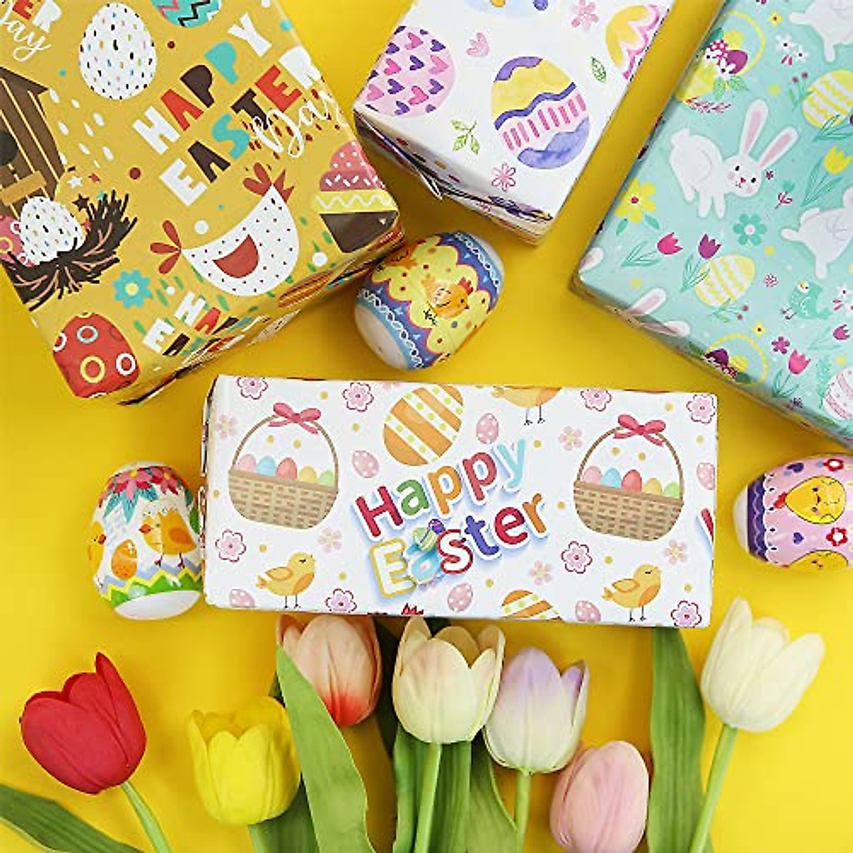 Easter Wrapping Paper,4 Sheets 4 Designs Bunny Eggs Chicken Gift Wrapping Paper,20 x 28 Inch Funny Cute Pattern Gift Wrap With Ribbon For Easter Spring Birthday Holiday Baby Shower Party All Occasion