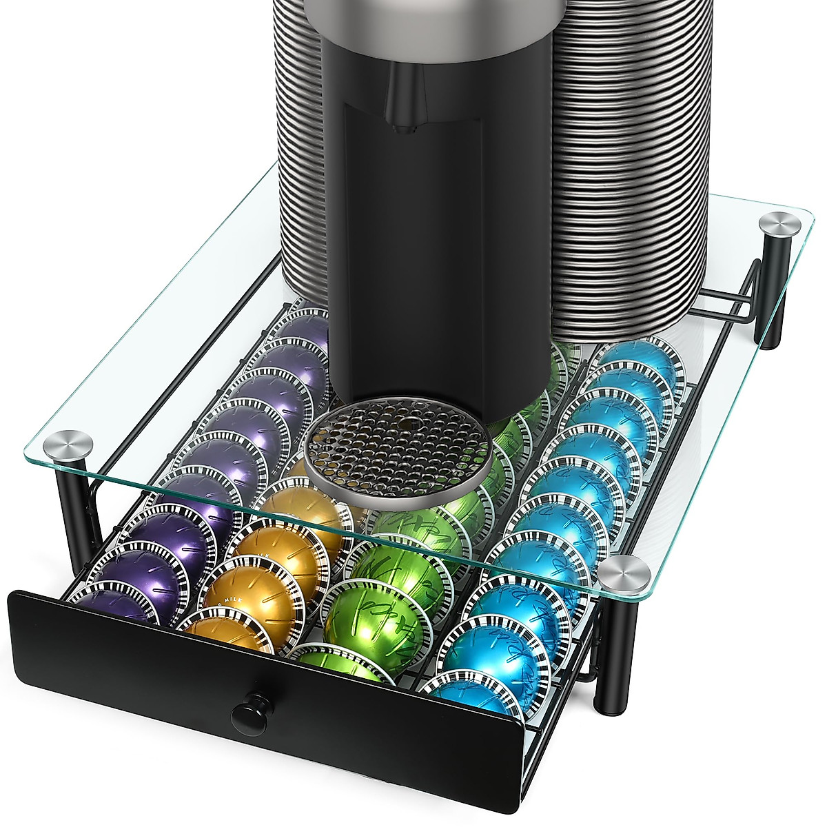 ROWISE Coffee Pod Drawers, Crystal Tempered Glass Pod Holder Drawer Compatible with Nespresso Capsules, Holds Up to 40 Capsules, Size 13"x14.7"x3.5"