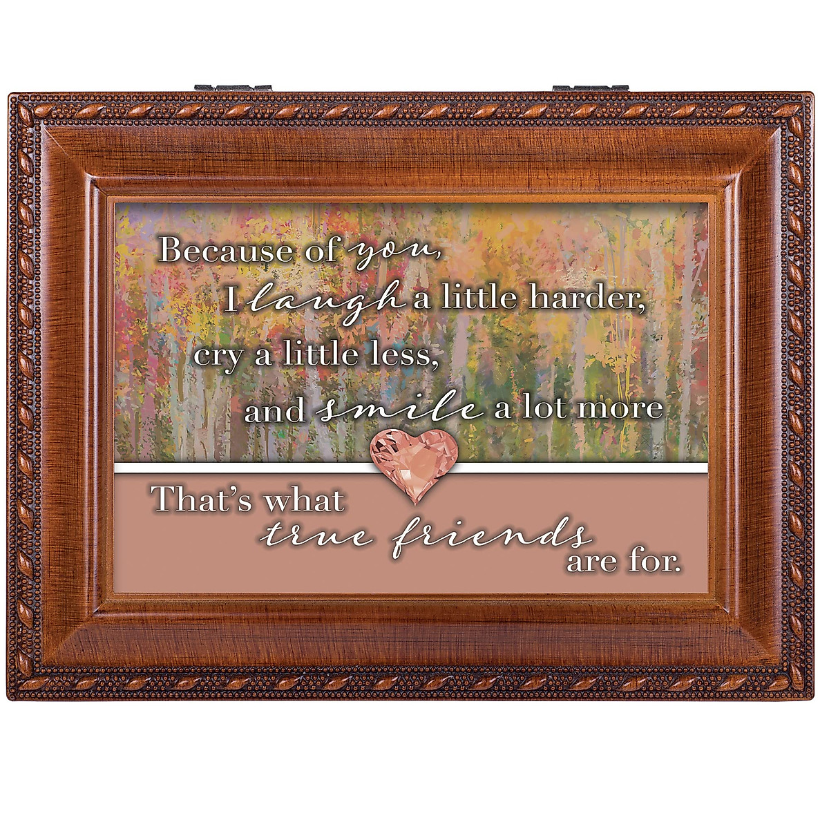 Cottage Garden Because of You Woodgrain Rope Trim Jewelry Music Box Plays What Friends are for
