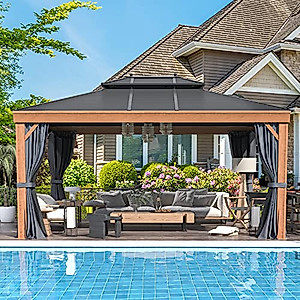 EROMMY 12'x14' Hardtop Gazebo Outdoor Aluminum Wood Grain Gazebos with Galvanized Steel Roof and Mosquito Net for Patios, Deck, Backyard, Curtains & Netting