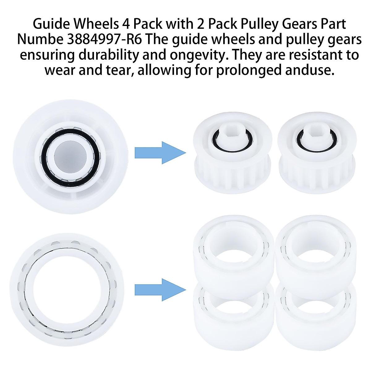 4 Pack Guide Wheels with 2 Pack Pulley Gears Replacement Parts Number 3884997-R6 Compatible with Nautilus CC Plus, Maytronics Dolphin Fits Dx3/Dx4/Dx6 &M200/M400/M500 Pool Cleaner Parts