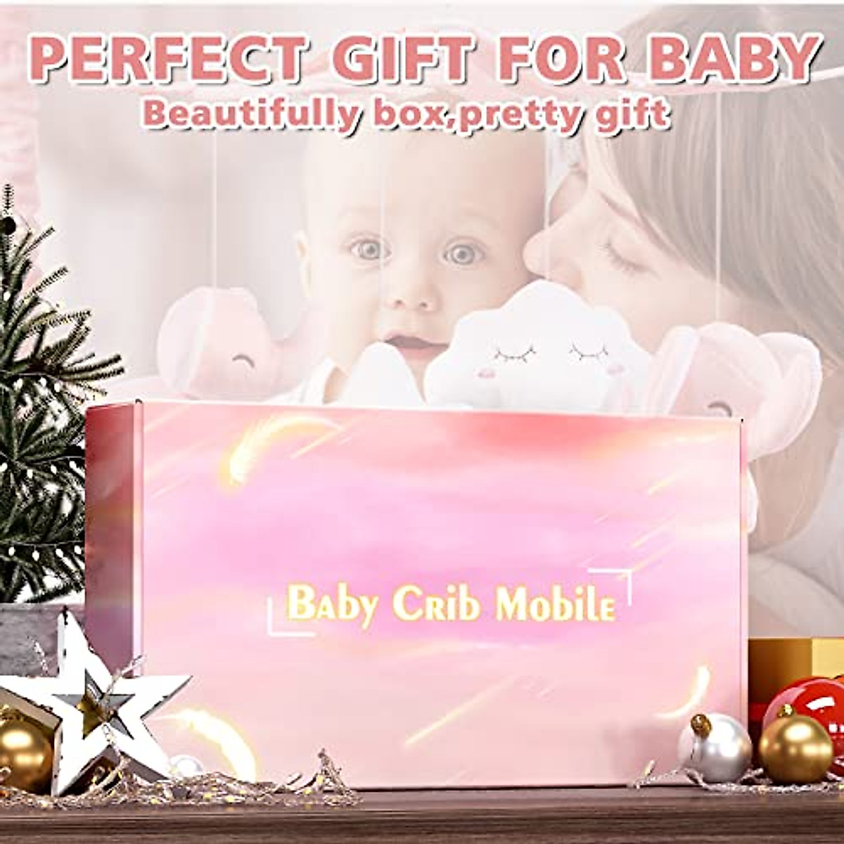 FEISIKE Crib Mobile for Girls with 3 Modes Music Box（Turn Only, Music Only, Turn & Music),12 Lullabies,Pink Elephant Nurser Mobile,Clamp Type,Pretty Box Packaging
