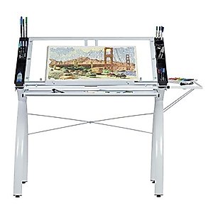 SD Studio Designs 10096 Futura Station with Folding Shelf Top Adjustable Drafting Craft Drawing Hobby Table Writing Studio Desk with Drawer, 35.5'' W x 23.75'' D, White/Clear Glass