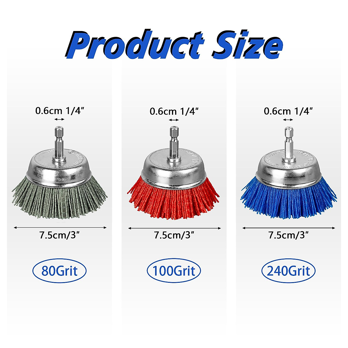 SALI 6Pack 3 Inch Cup Brush Nylon Filament Abrasive Wire Brush Wheel with 1/4 Inch Hex Shank, Three Grits Nylon Drill Brush Set for Removal of Rust Corrosion Paint