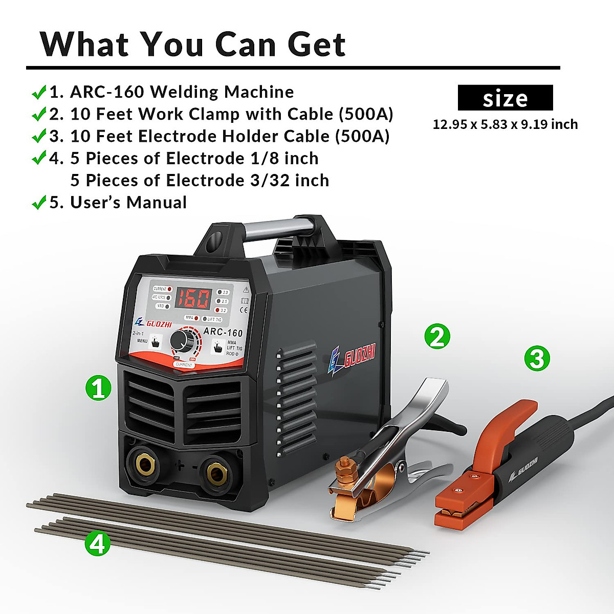 GZ GUOZHI 110/220V MMA Welder, 160A Stick ARC Welding Machine IGBT Digital Display LCD Hot Start Welder with Electrode Holder, Work Clamp, Input Power Adapter Cable…