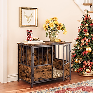 MAHANCRIS Dog Crate Furniture, 31.5 Inch Dog Kennel with Double-Door, Wooden Heavy Duty Dog Cage for Small Medium Dogs, Indoor Dog House End Table, Chew-Resistant, Rustic Brown DCHR0501Z