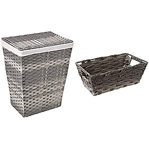 Whitmor Liner and Lid Laundry Hamper, Gray Wash & Split Rattique Small Shelf Tote-Gray Wash